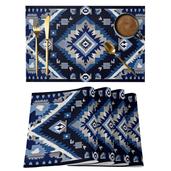 Boho Navy Blue Grey Placemats Set of 2,Cotton Linen Fabric Place Mats ...