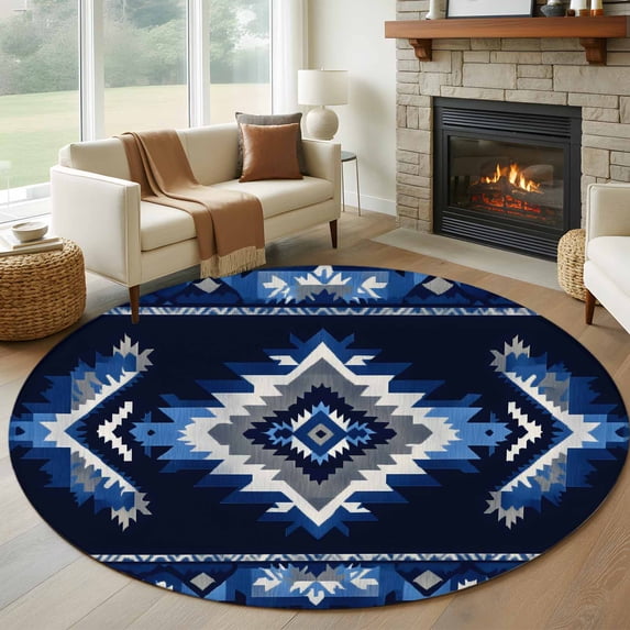 Boho Navy Blue Grey Round Area Rug 6 FT, Non Slip Bedroom Rugs, Ethnic ...