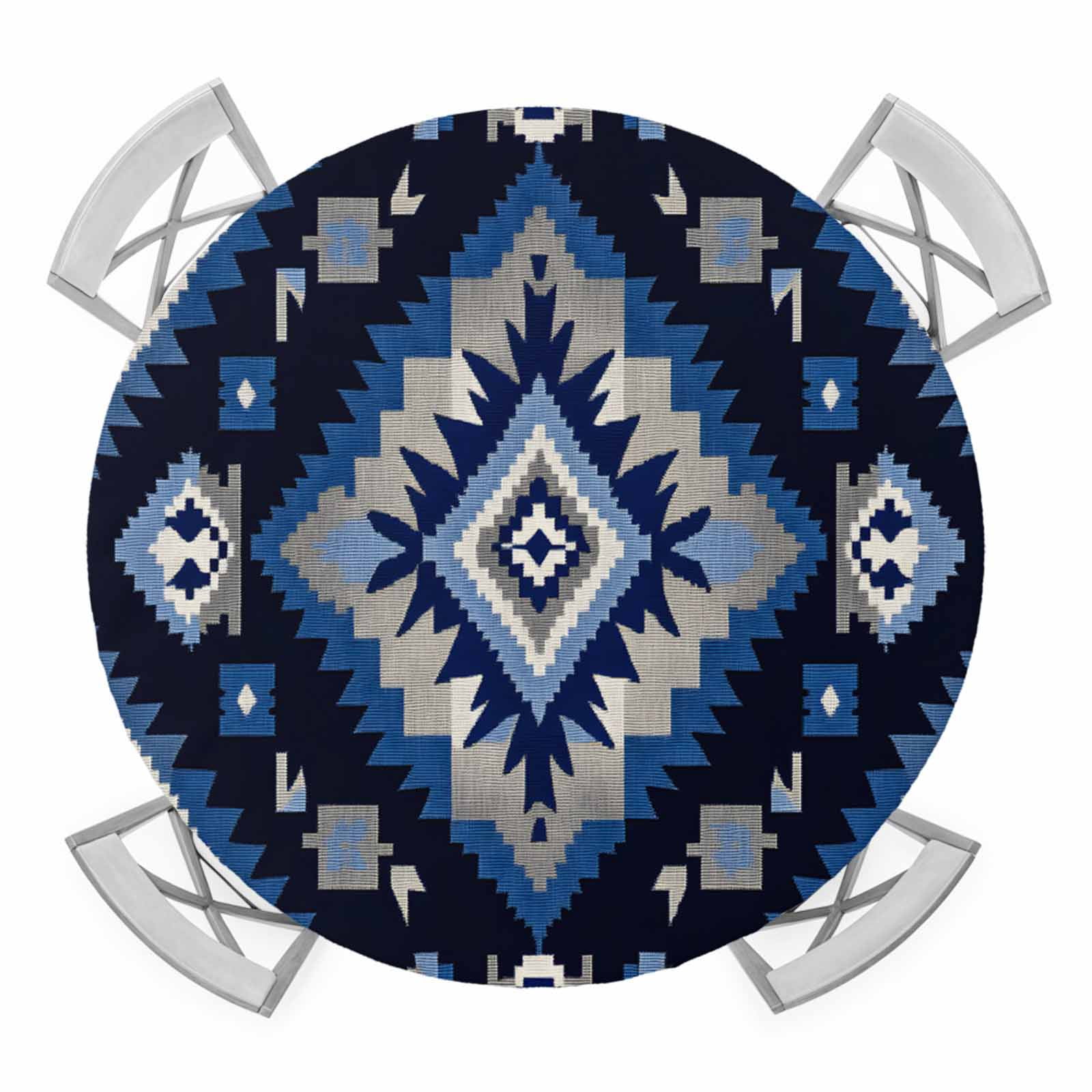 Boho Navy Blue Grey Round Tablecloth for 55-60 Inch Tables,Fitted Table ...