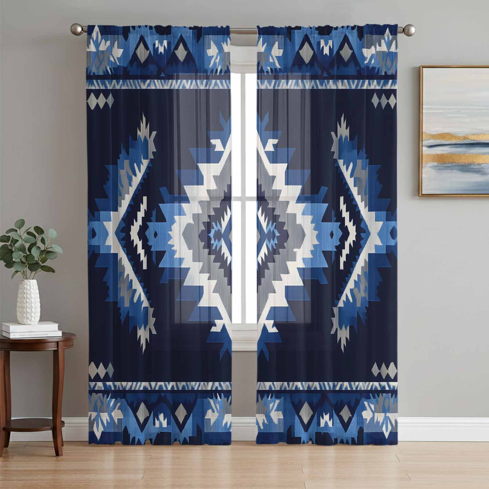 Boho Navy Blue Grey Semi Sheer Curtains 96 Inch Length 2 Panels Set ...