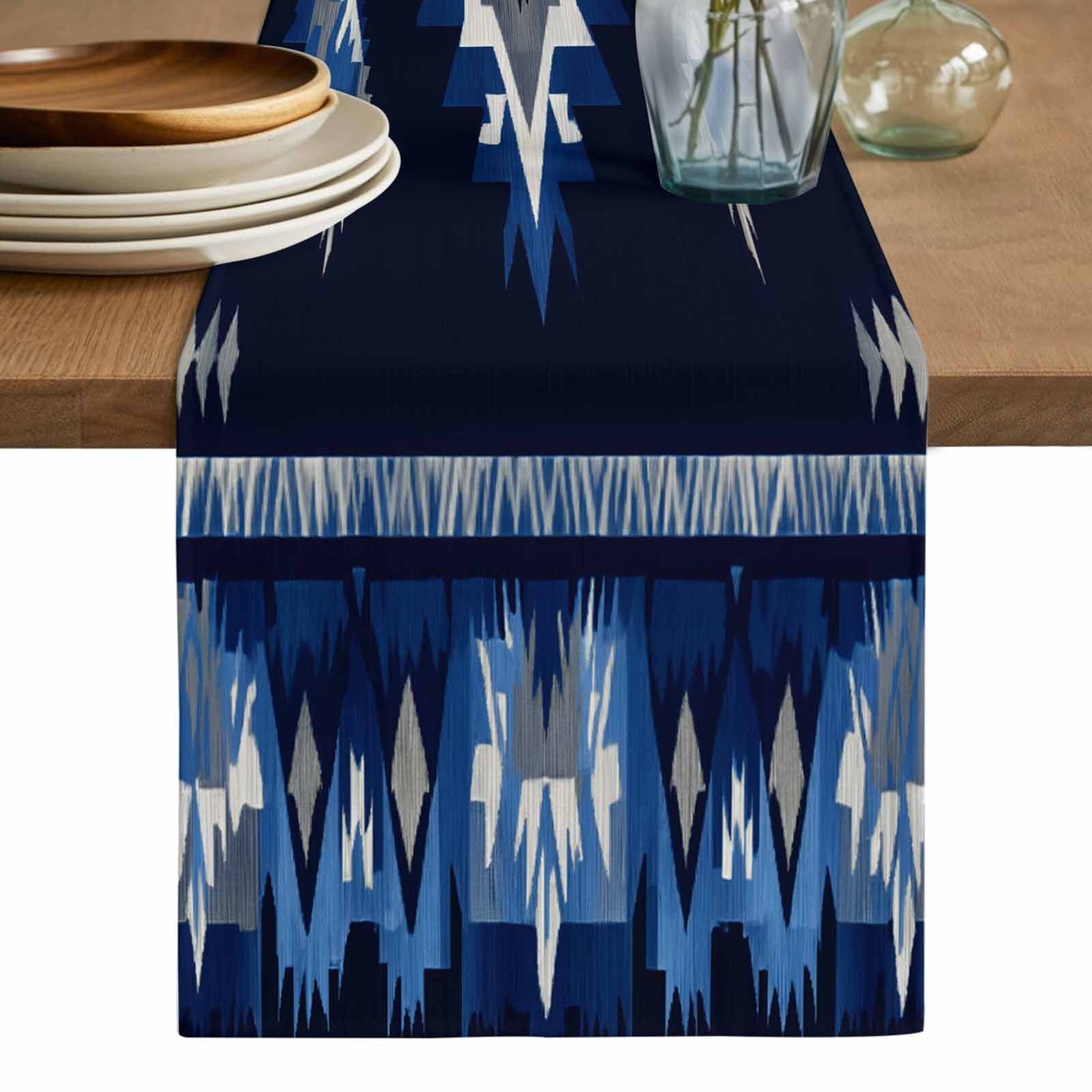 Boho Navy Blue Grey Table Runner, Ethnic Geometric Southwestern Retro ...