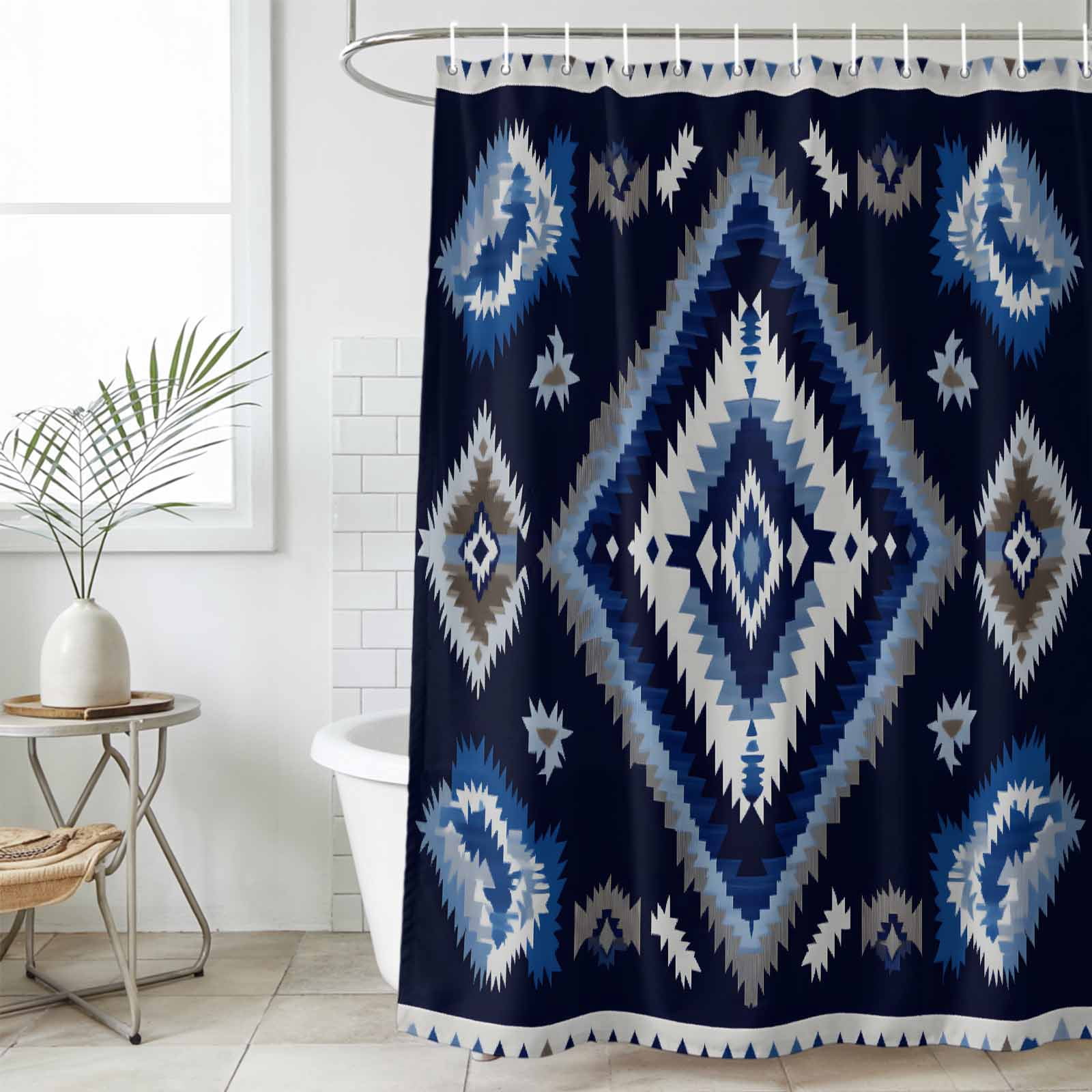 Boho Navy Blue Grey Waterproof Fabric Shower Curtain,Ethnic Geometric ...
