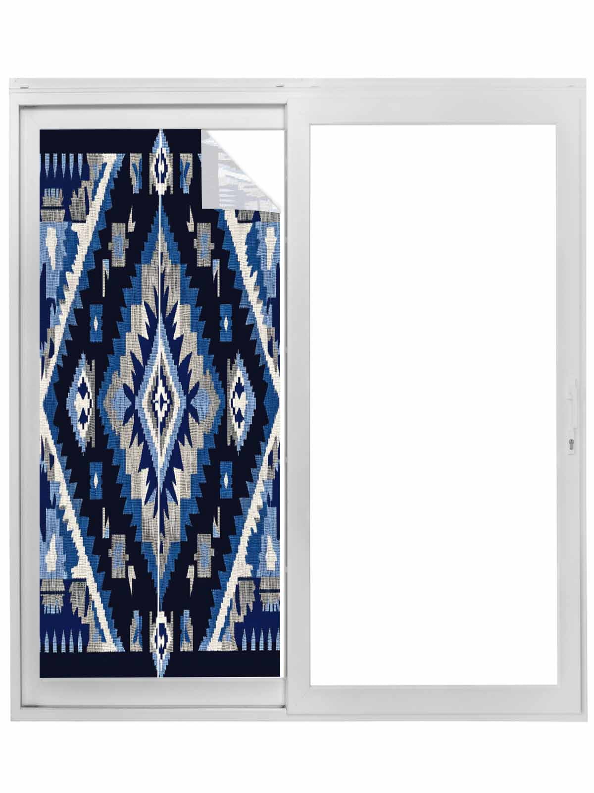 Boho Navy Blue Grey Window Privacy Film, Ethnic Geometric Southwestern ...