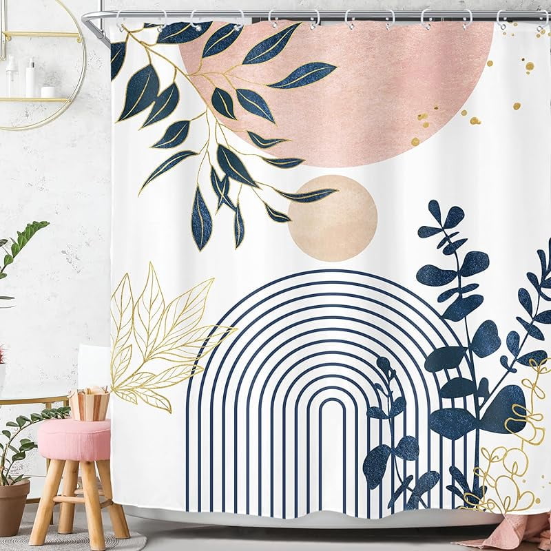 Boho Navy Blue Mid Century Shower Curtain,Modern Abstract Gold Leaves Fabric Cloth Bathroom ...