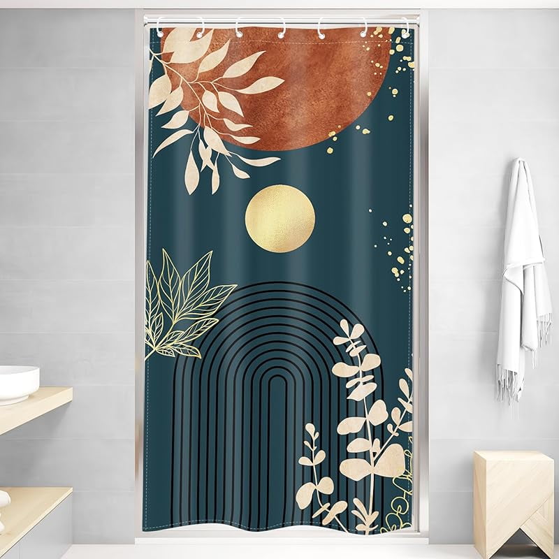 Boho Navy Blue Mid Century Shower Curtain,Modern Abstract Gold Leaves ...