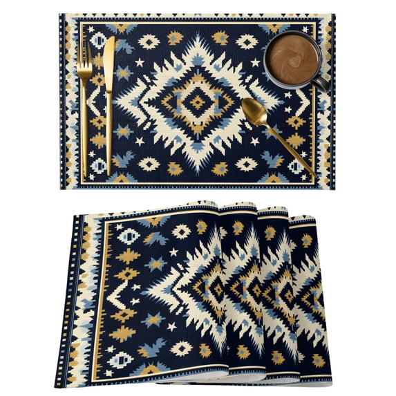 Boho Navy Blue Placemats Set of 12, Cotton Linen Fabric Place Mats ...