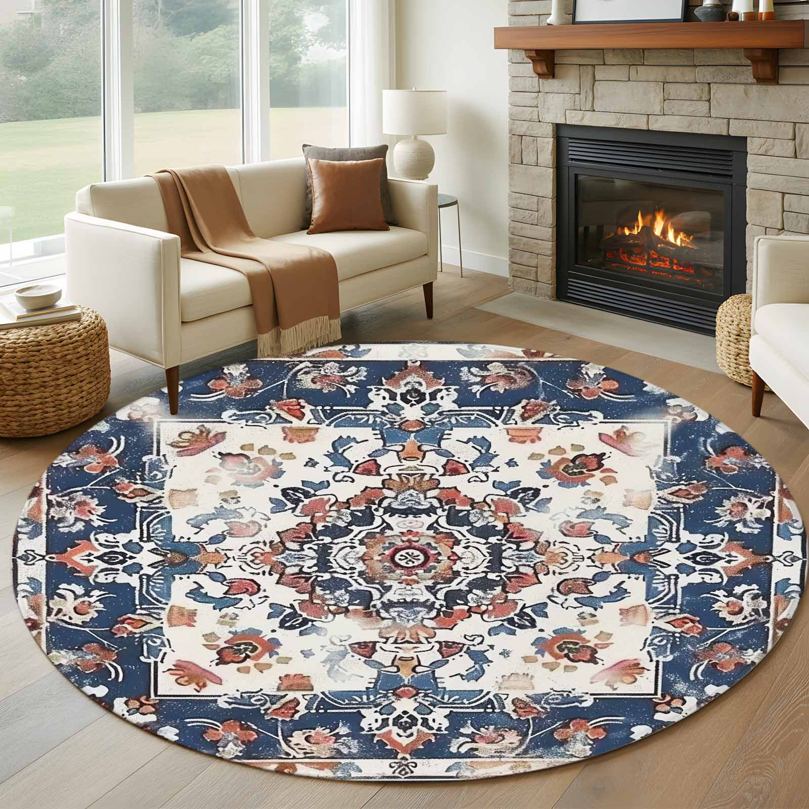 Boho Navy Blue Red Round Area Rug 6 FT, Non Slip Bedroom Area Rug ...