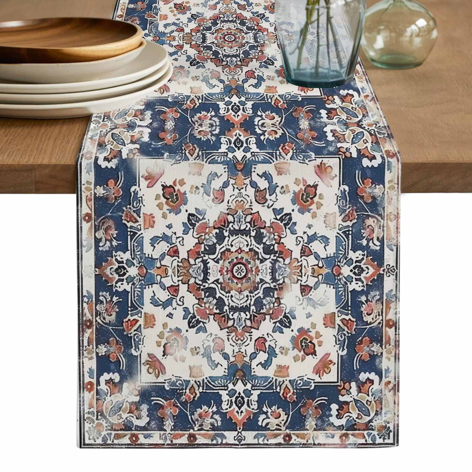Boho Navy Blue Red Table Runner, Southwestern Geometric Vintage Art ...