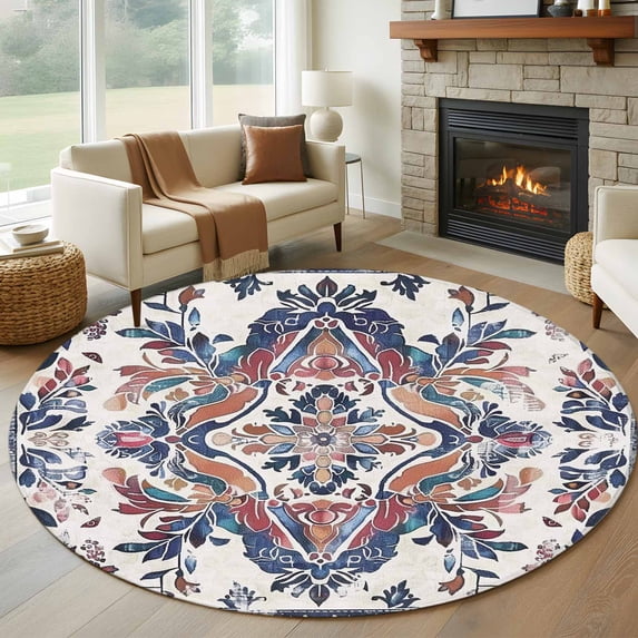 Boho Navy Blue Round Area Rug 5 FT, Non Slip Bedroom Rugs, Vintage ...
