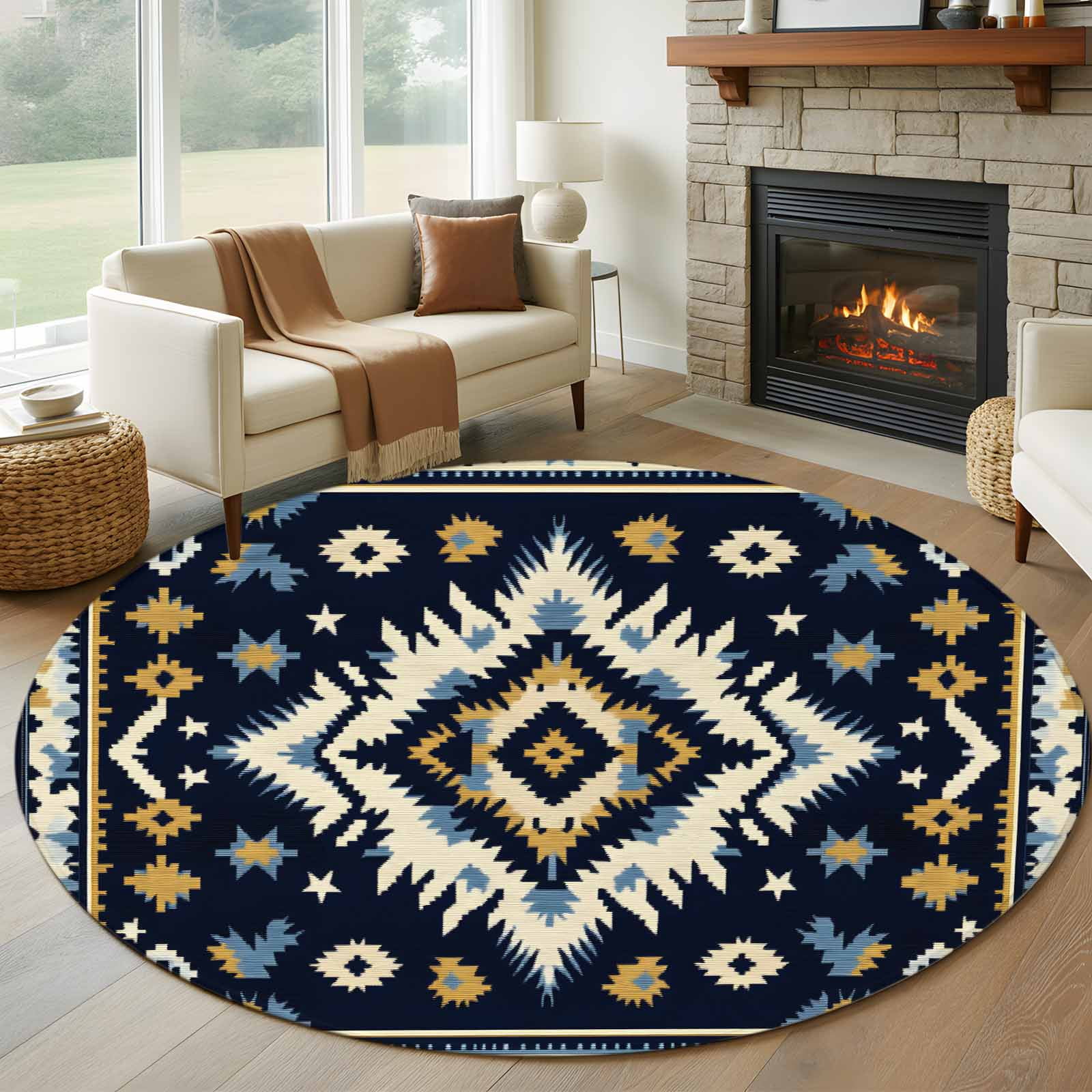 Boho Navy Blue Round Area Rug 6 FT, Non Slip Bedroom Rugs, Ethnic ...