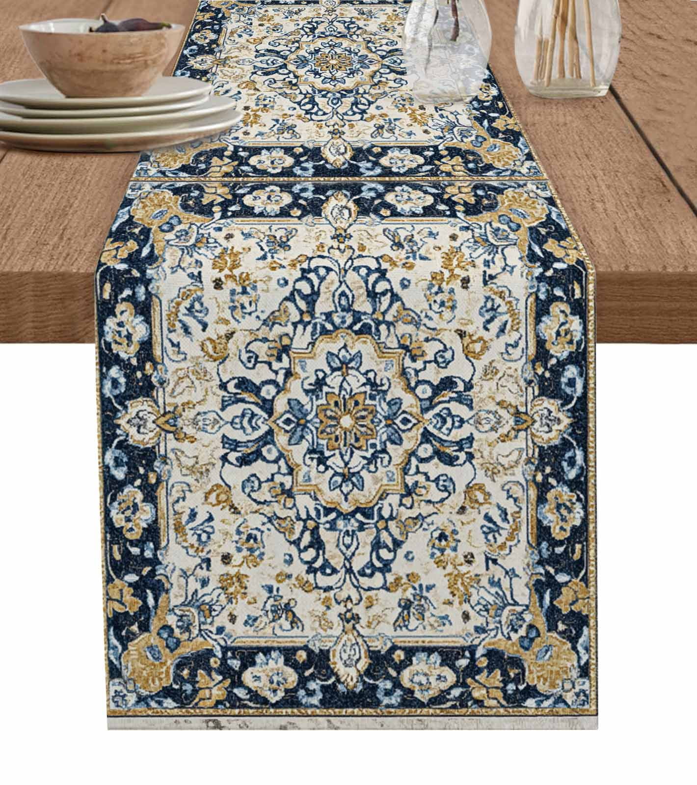 Boho Navy Blue Table Runner 72 Inches, Vintage Southwestern Geometric ...