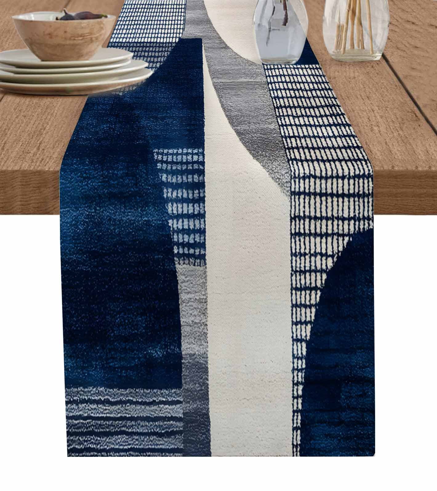 Boho Navy Blue Table Runner 90 Inches, Modern Geometric Abstract Art ...