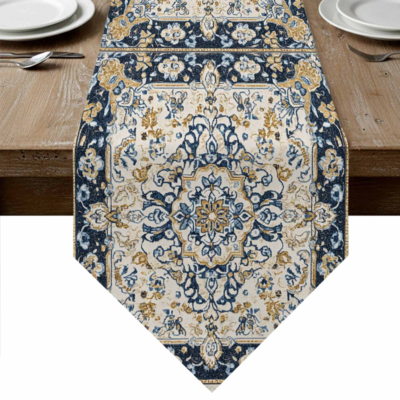 Boho Navy Blue Table Runner Linen Burlap Table Runner 90 Inches Long ...
