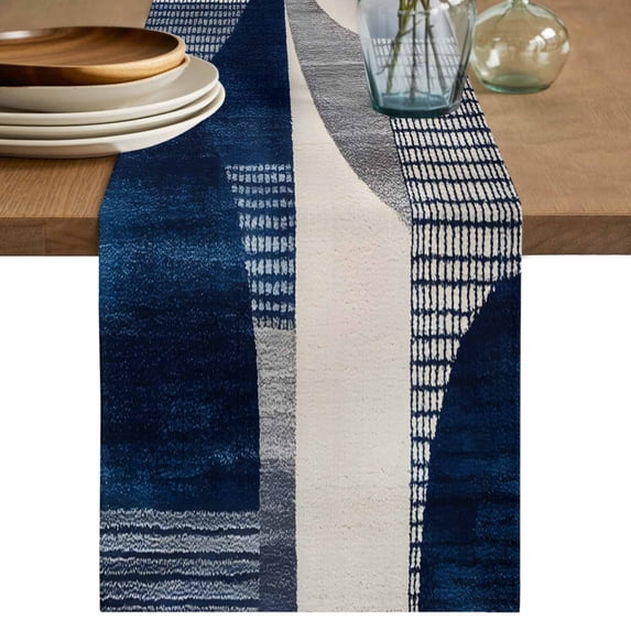 Boho Navy Blue Table Runner, Modern Geometric Abstract Art Washable ...