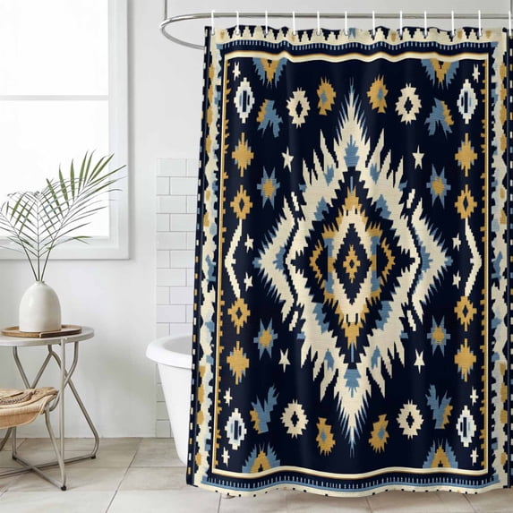 Boho Navy Blue Waterproof Fabric Shower Curtain,Ethnic Geometric ...