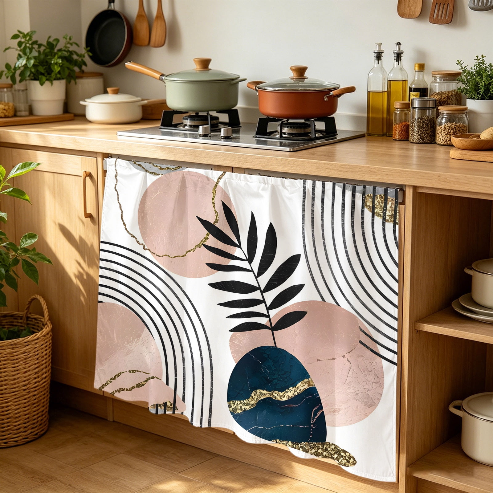 Boho Navy Cabinet Curtains 35''x35'', Blue Gold Bohemian Tropical Palm ...