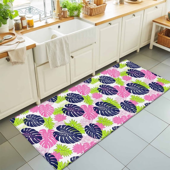 Boho Navy Pink Monstera Leaves Rectangle Area Rug 2x6ft,Living Room Rug ...