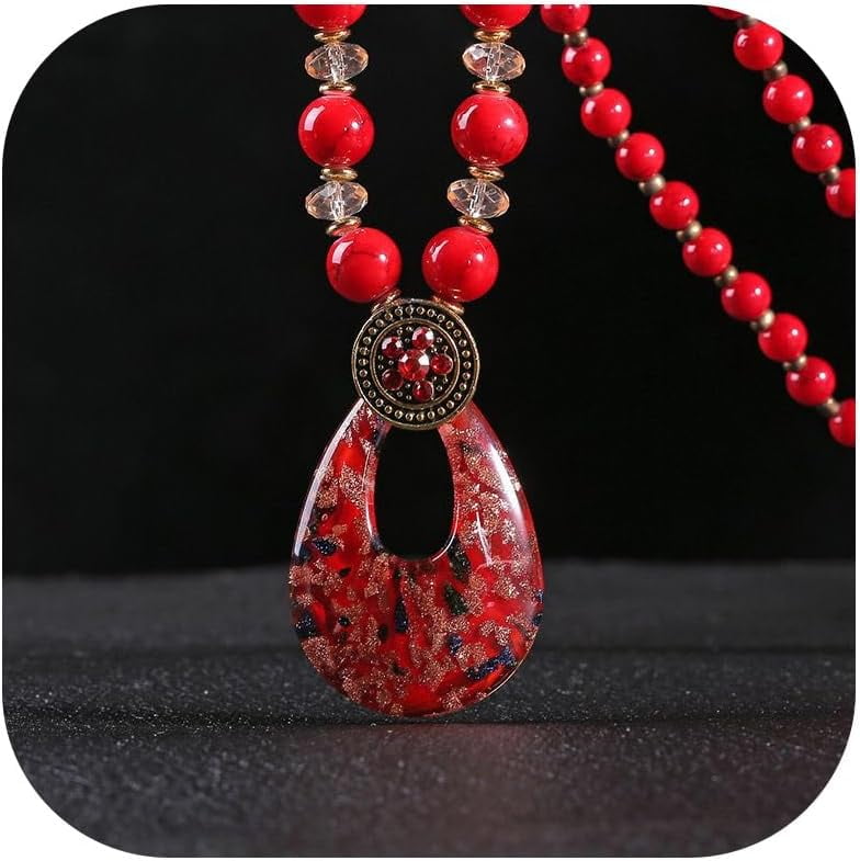 Boho Necklace Red Bead Boho Natural Stone Colorful Pendant Necklace for ...