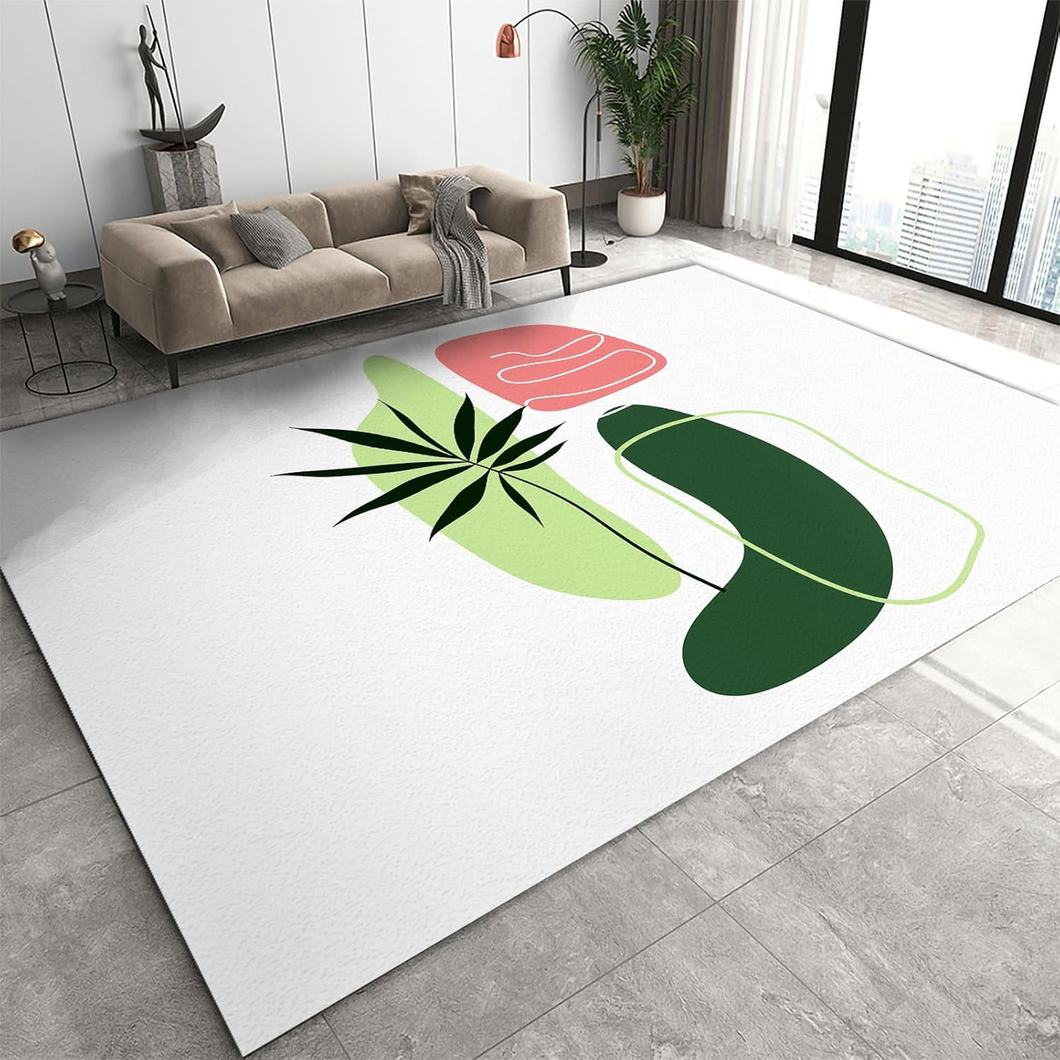 Boho Non-Slip Area Rugs, Abstract Green Plant Leaf Washable Doormat ...