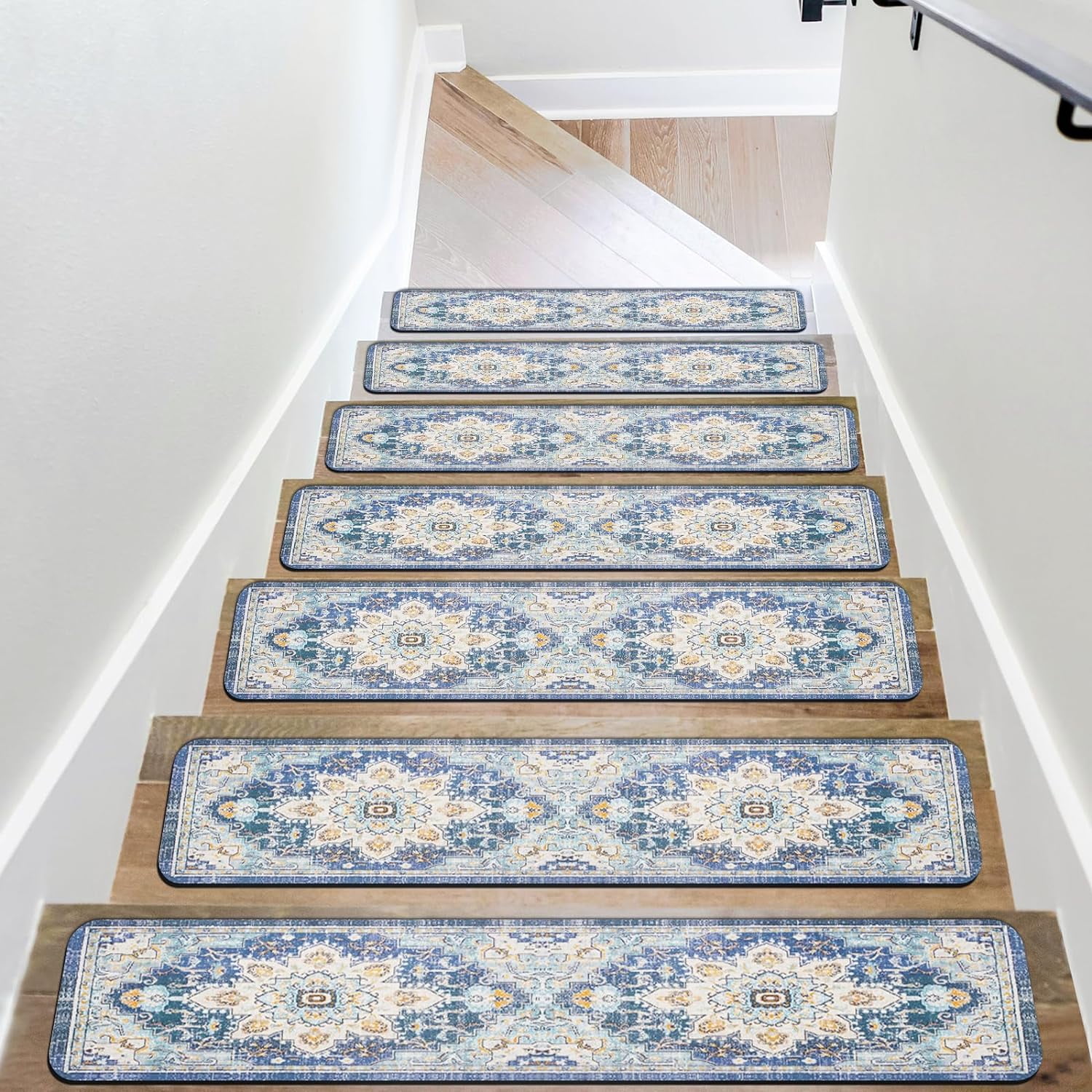 Boho Non-Slip Stair Treads Light Blue Retro Ethnic Pattern Indoor Stair ...