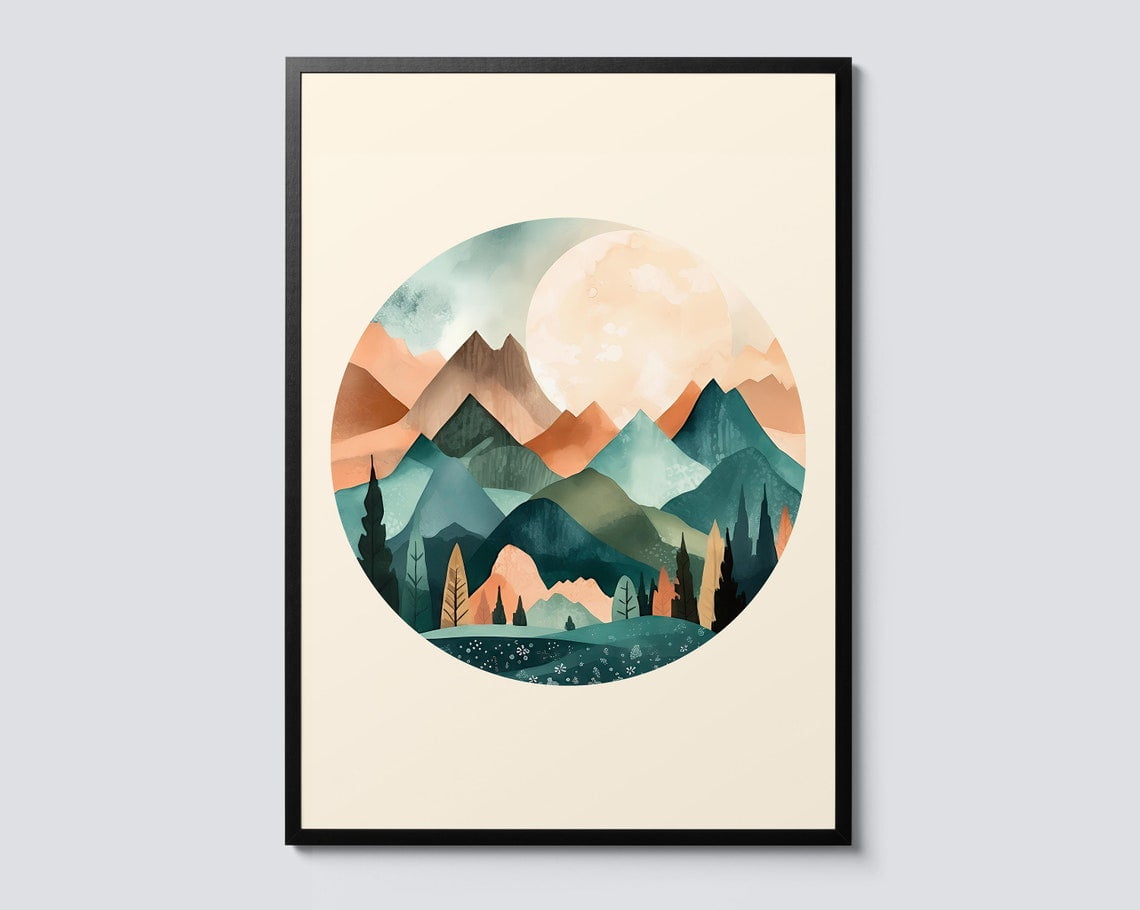 Boho Noon Landscape Watercolour Beige Blue Minimalist Mountain Forest ...