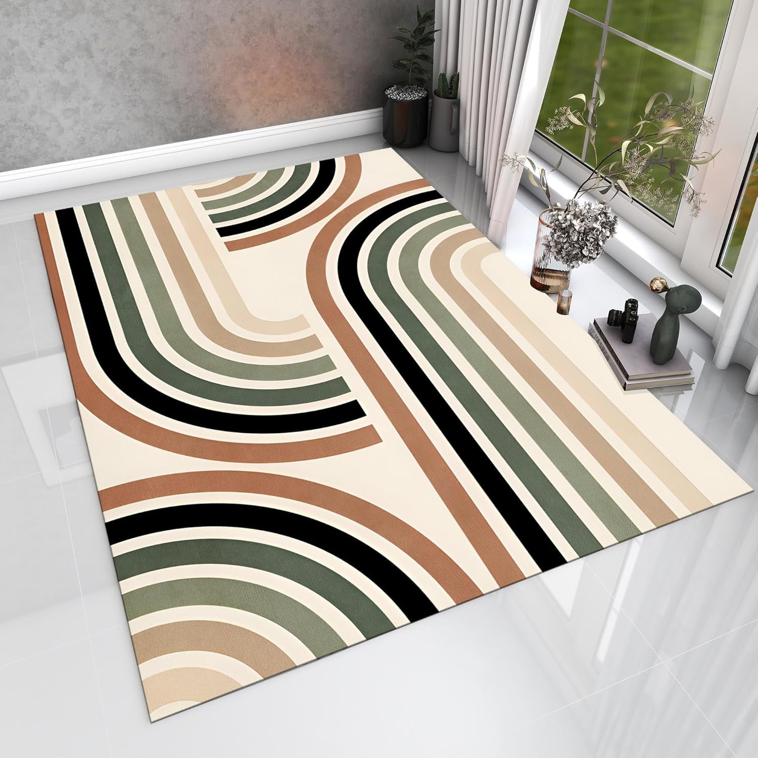 Boho Nordic Rainbow Area Rug Abstract Arch Geometric Line Rugs Non Slip ...