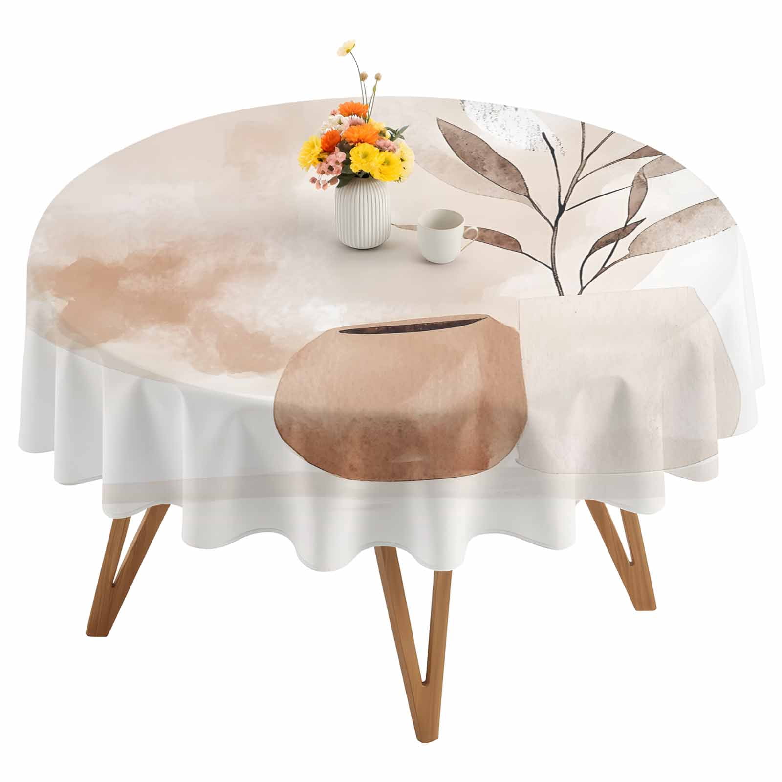 Boho Nordic Round Tablecloth 54 inches Abstract Modern Watercolor Leaf ...