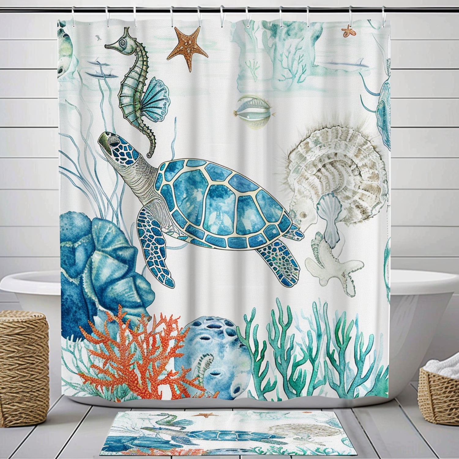 Boho Ocean Bathroom Art: Watercolor Sea Turtle Seahorse Coral on White ...