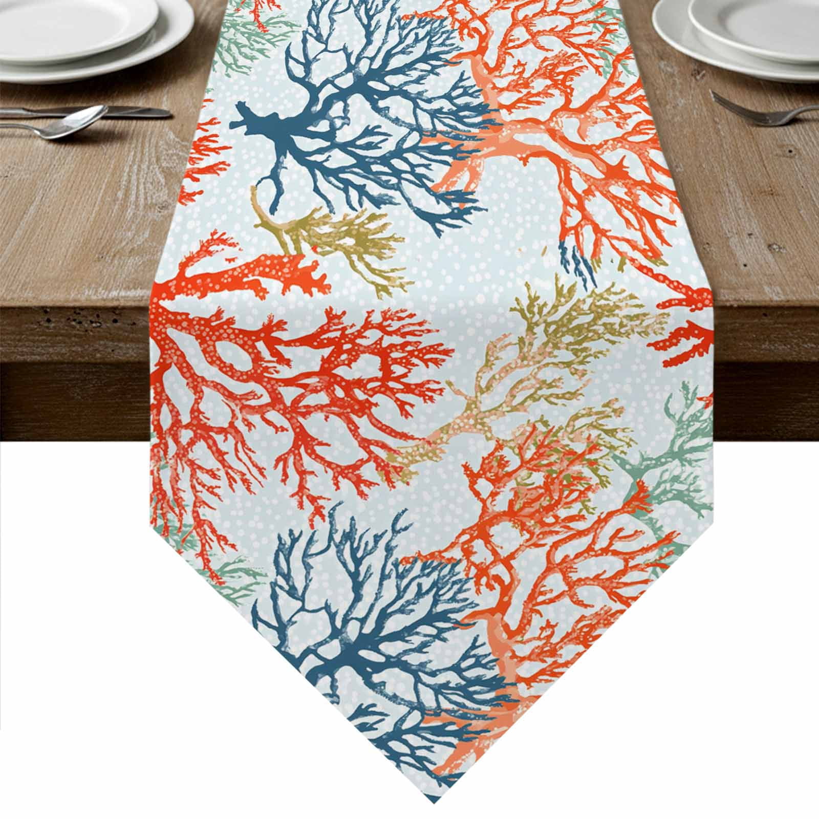 Boho Ocean Coral Table Runner Linen Burlap Table Runner 70 Inches Long ...