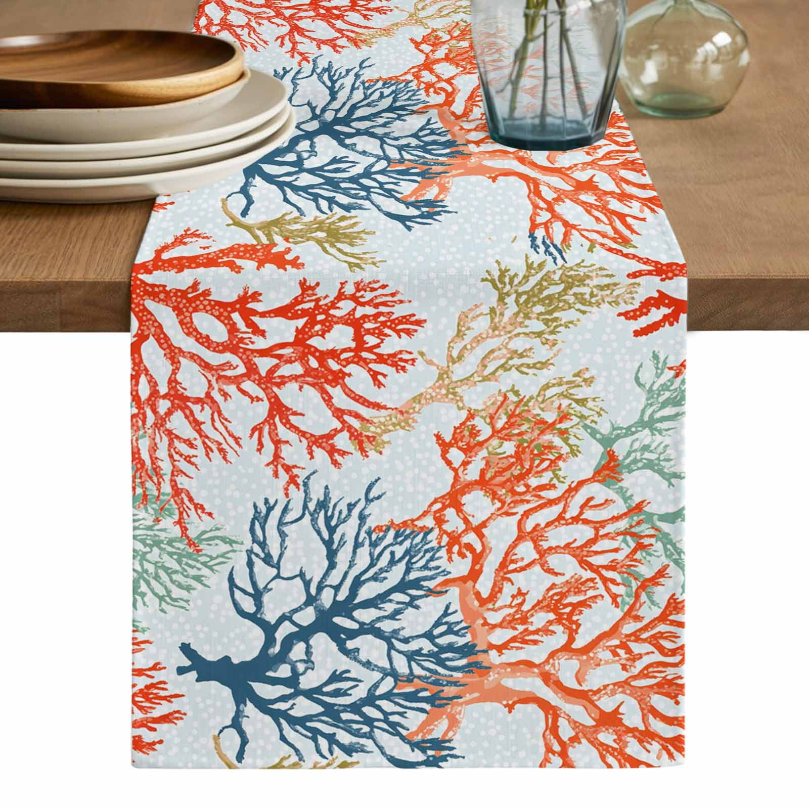 Boho Ocean Coral Table Runner, Orange Blue Ombre Green Polka Dots Washable Cotton Linen Table ...