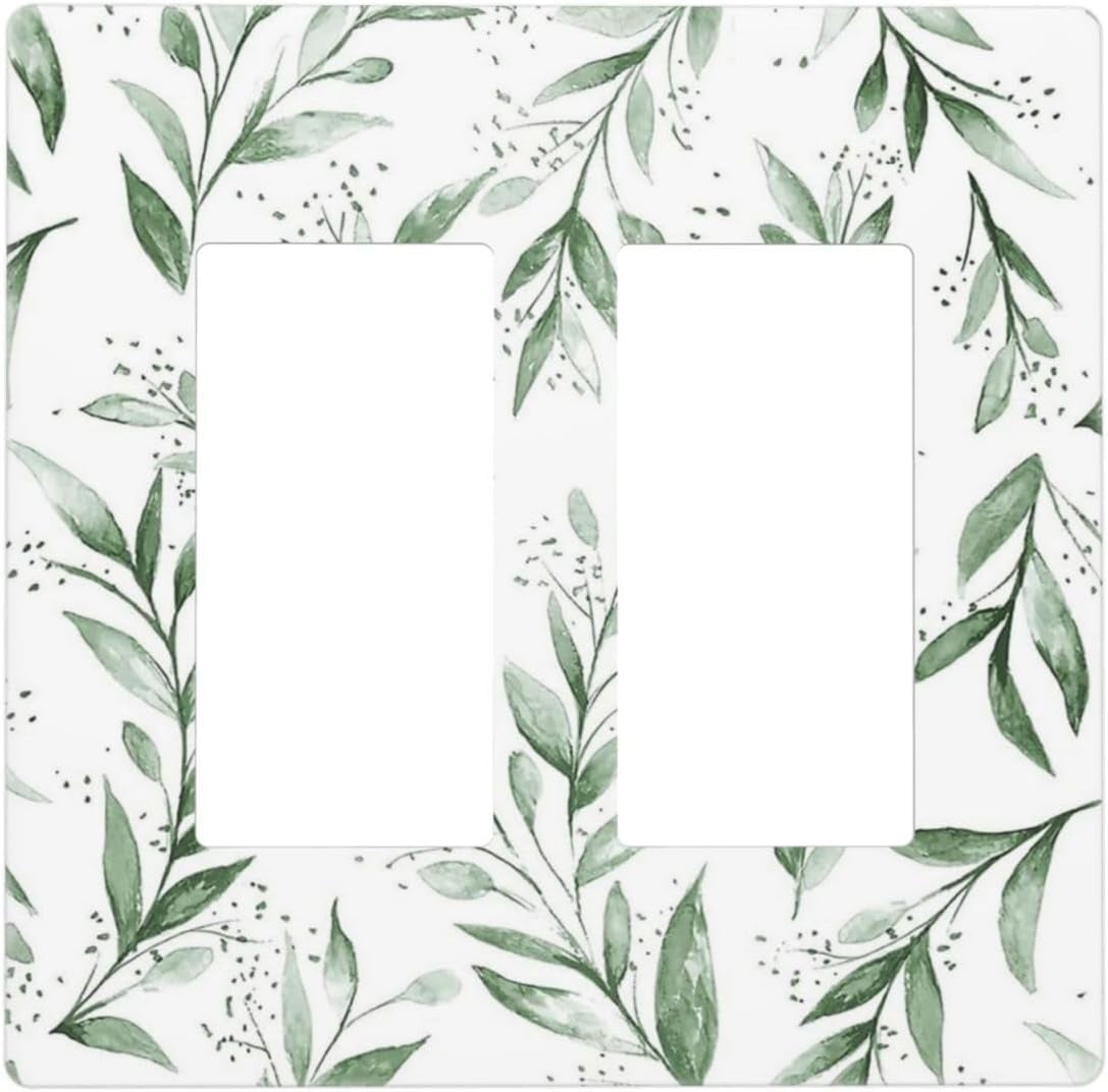 Boho Olive Green Eucalyptus Leaf 2 Gang Double GFCI Decorator Rocker ...