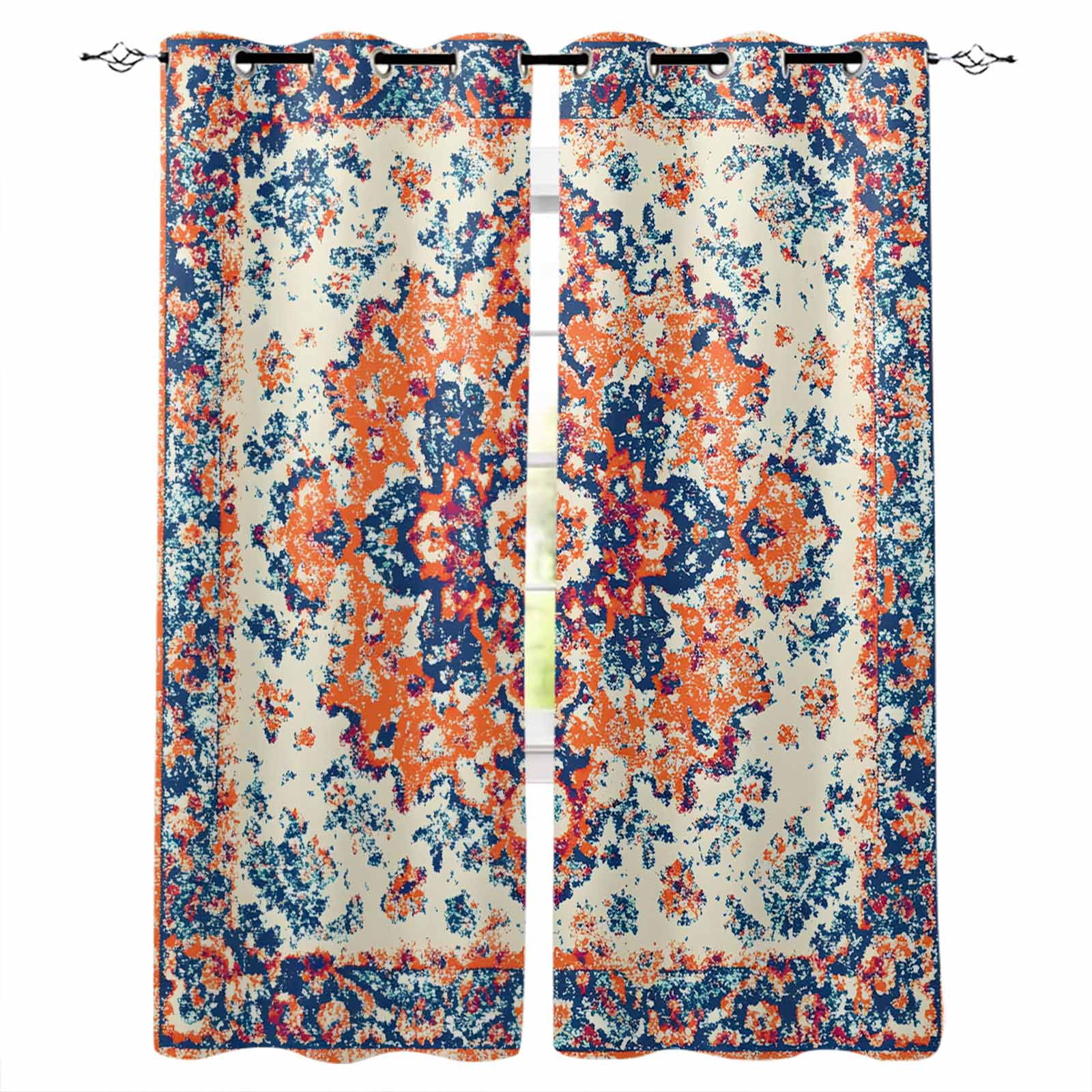 Boho Orange Blue Blackout Curtains 54 Inches Long, Boho Vintage ...