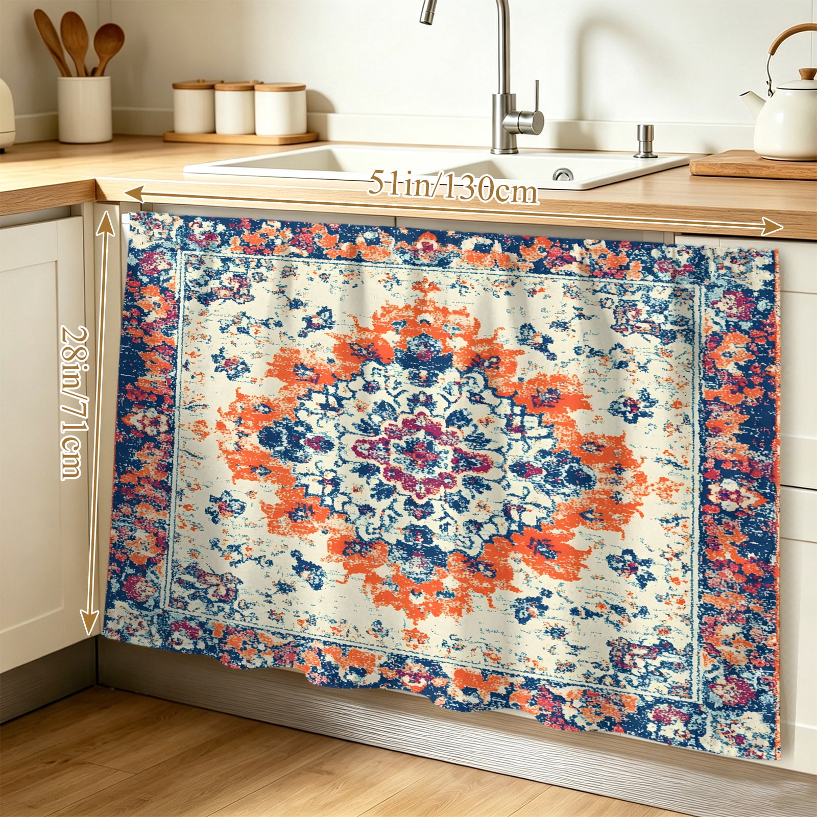 Boho Orange Blue Cabinet Curtain 28"W x 51"L, Ethnic Vintage Boho ...