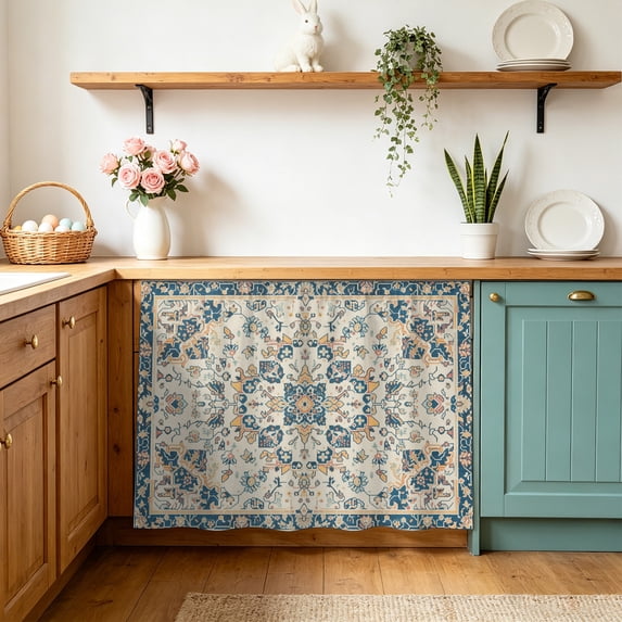 Boho Orange Blue Cabinet Curtain 28"Wx35"L,Dustproof Under Sink Skirt W ...