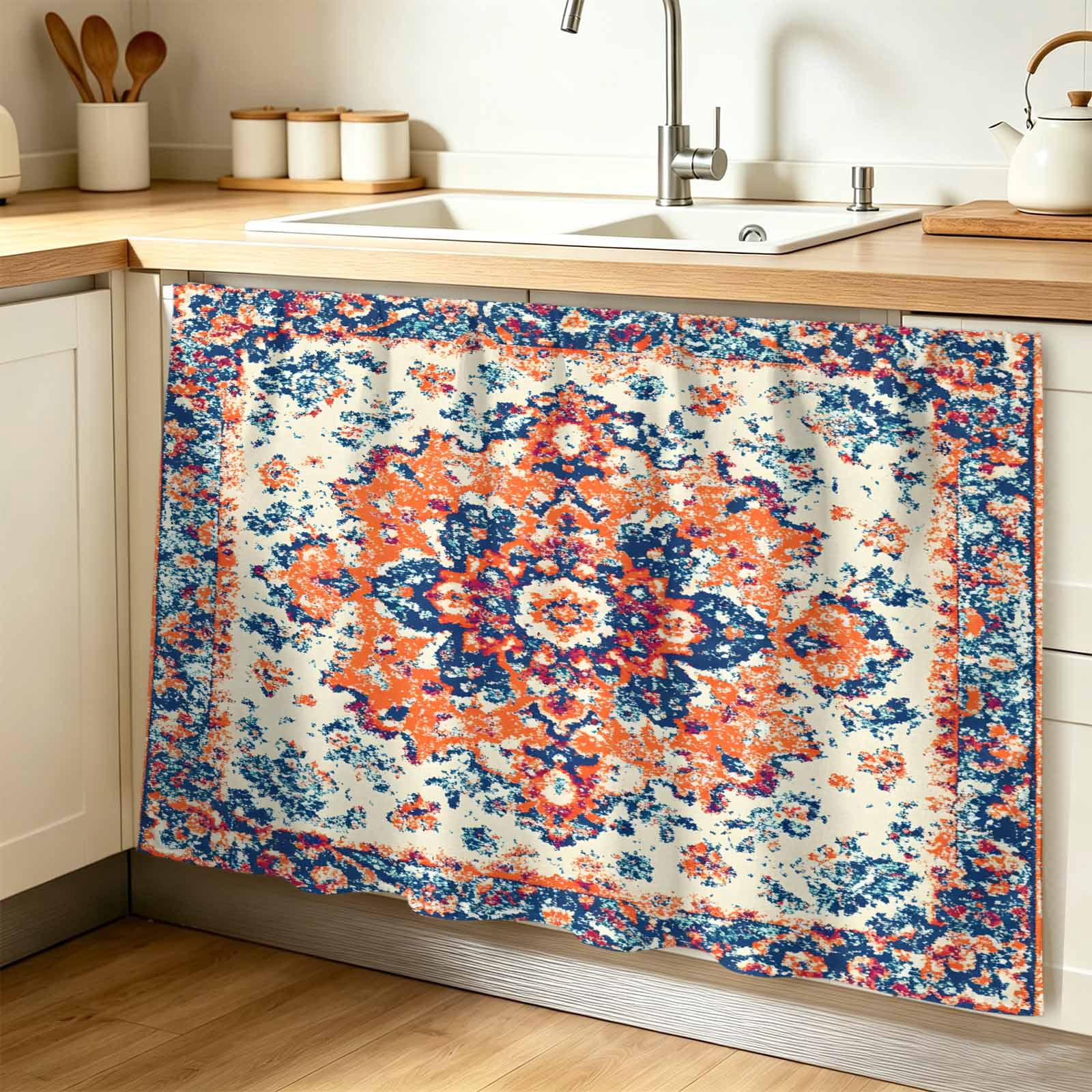 Boho Orange Blue Cabinet Curtains for Shelves, Boho Vintage Geometric ...