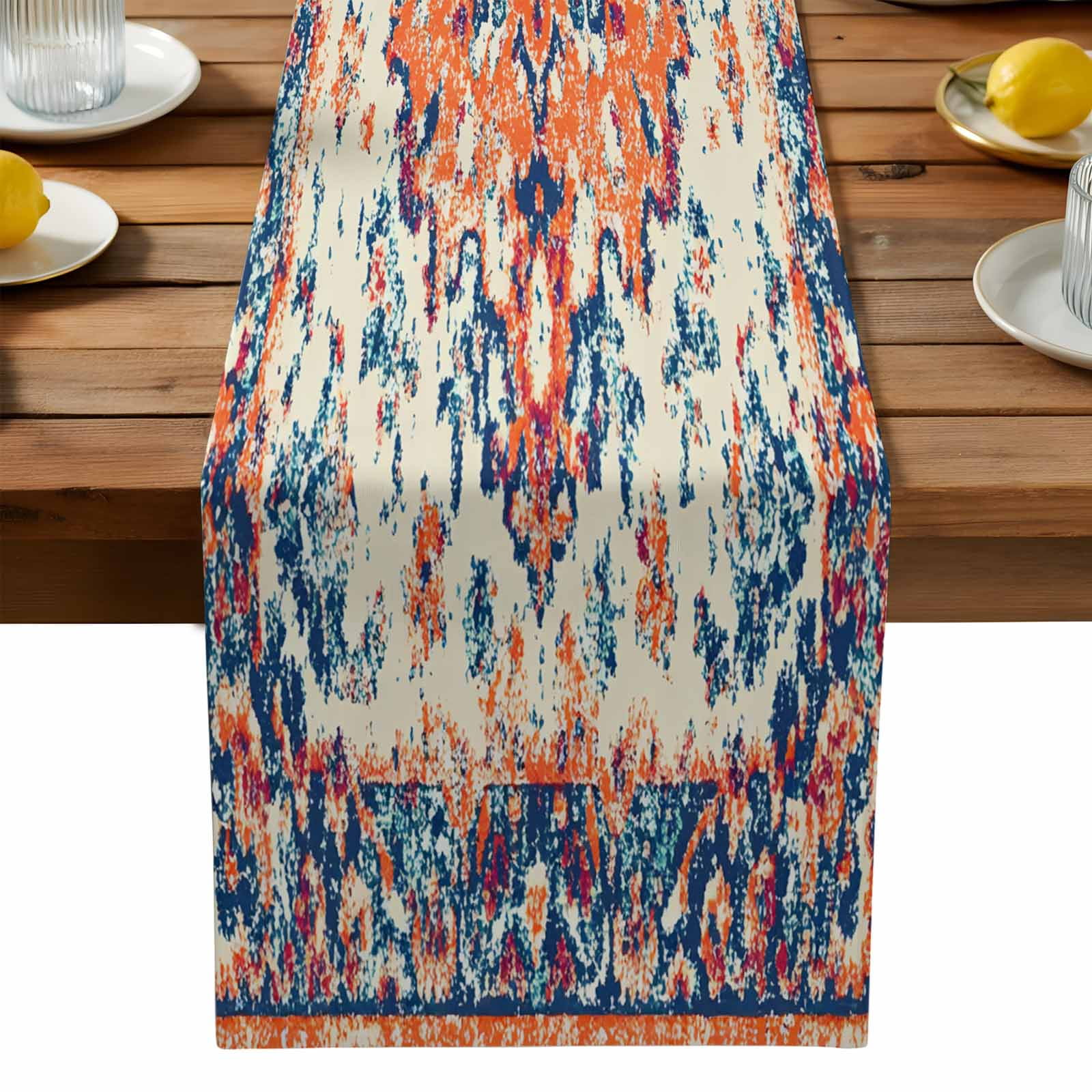 Boho Orange Blue Cotton Linen Table Runner for Dining Kitchen, Boho ...