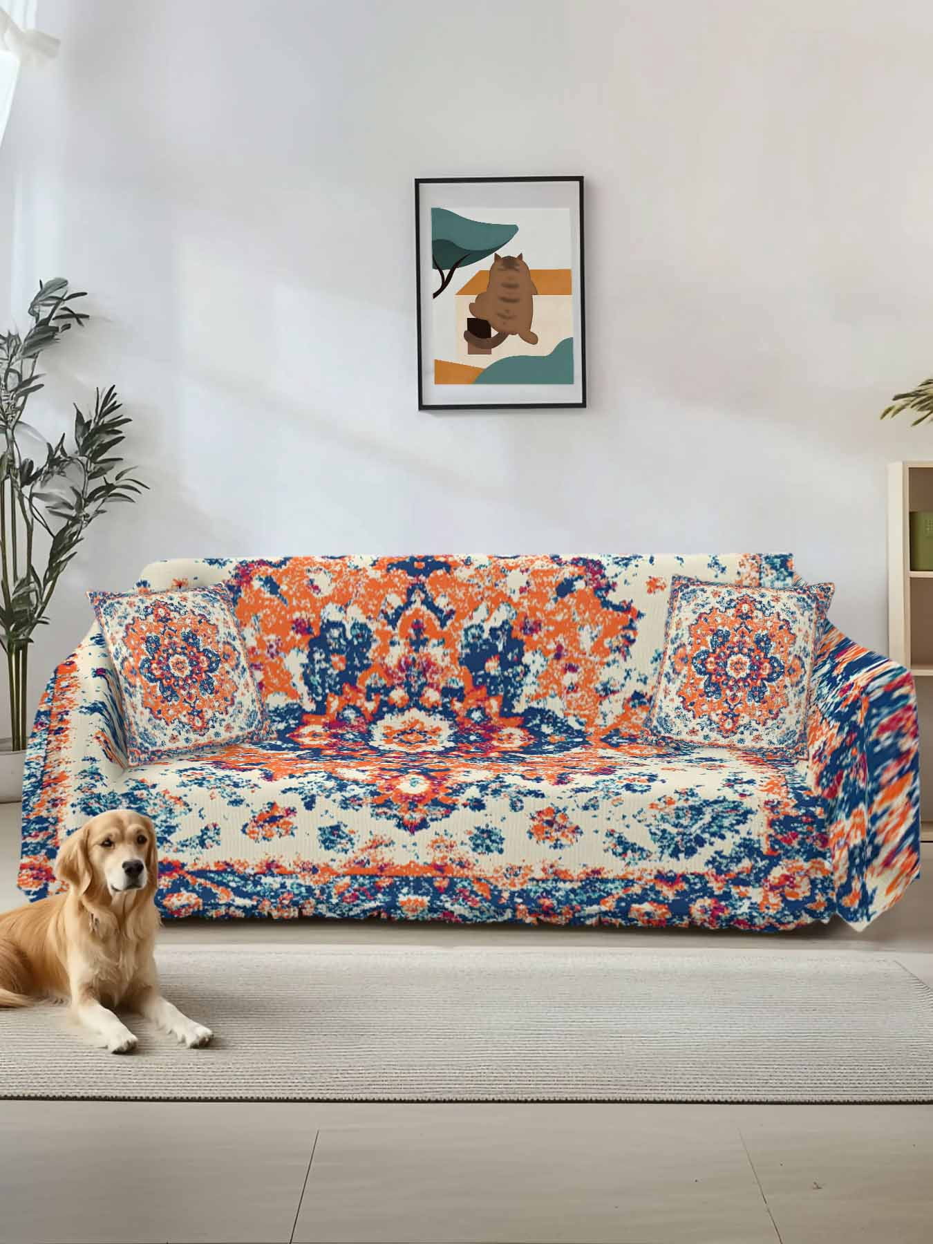 Boho Orange Blue Couch Cover for 2 Cushion Sofa, Boho Vintage Geometric ...