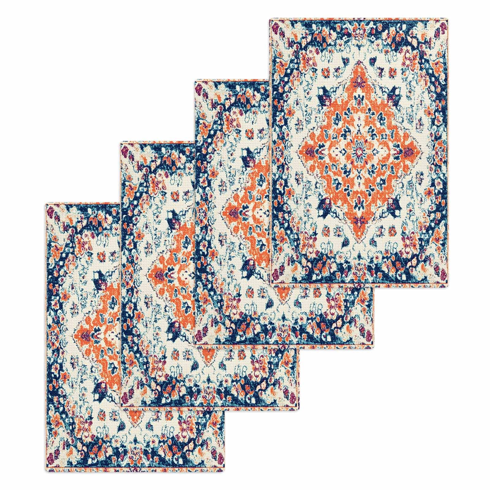 Boho Orange Blue Hand Towels Set, Waffle Weave Kitchen Towels 4 Pieces ...