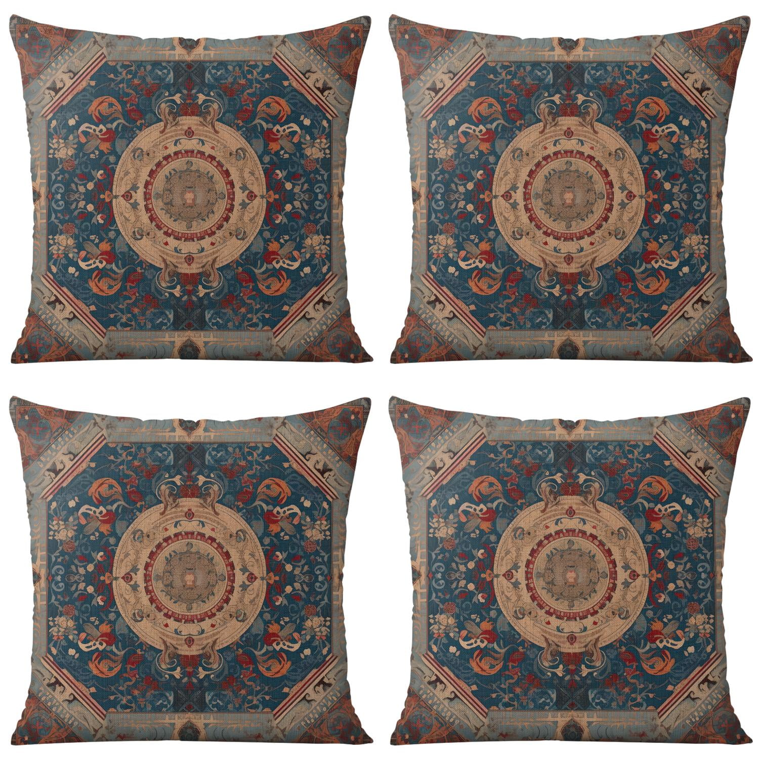 Boho Orange and Blue Pattern Ethnic Design Farmhouse Throw Pillow ...