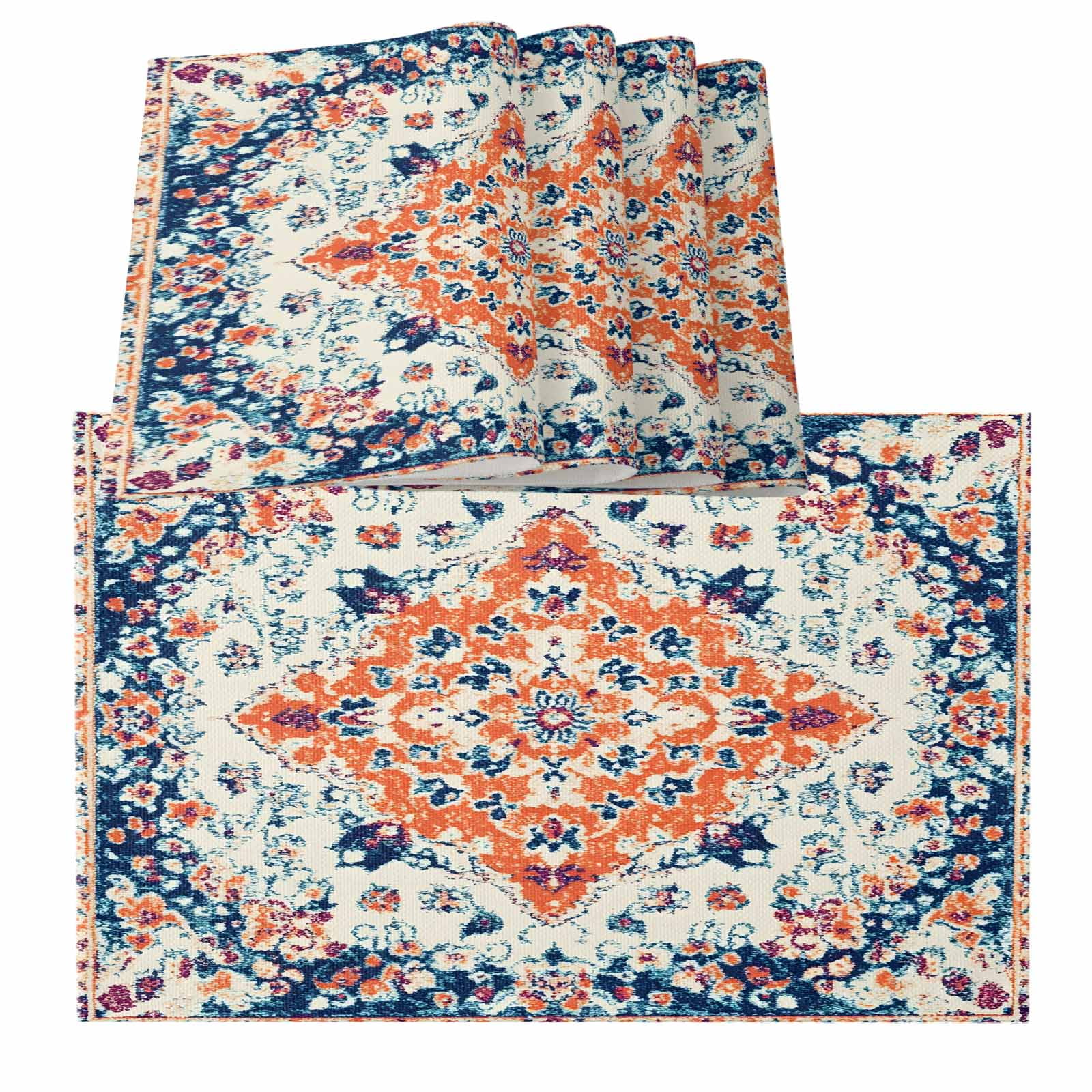 Boho Orange Blue Placemats for Dinning Table Set of 6, Ethnic Vintage ...