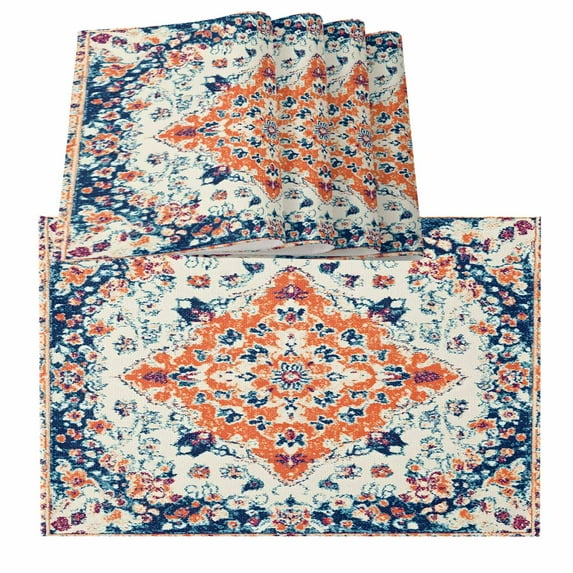 Boho Orange Blue Placemats for Dinning Table Set of 6, Ethnic Vintage ...