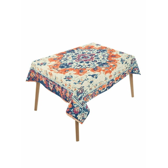 Boho Orange Blue Table Cloth, Ethnic Vintage Boho Geometric Art ...