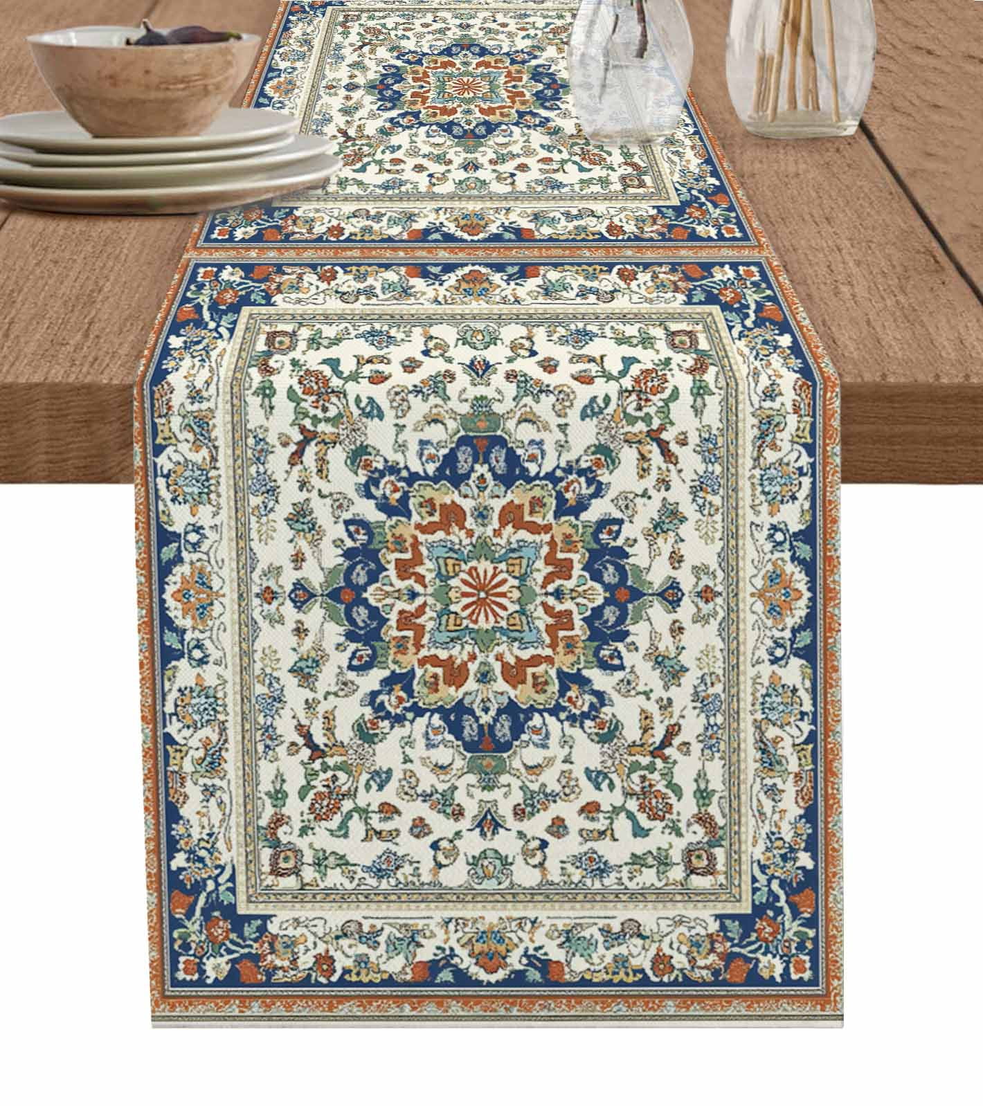 Boho Orange Blue Table Runner 120 Inches, Tribal Antique Country ...