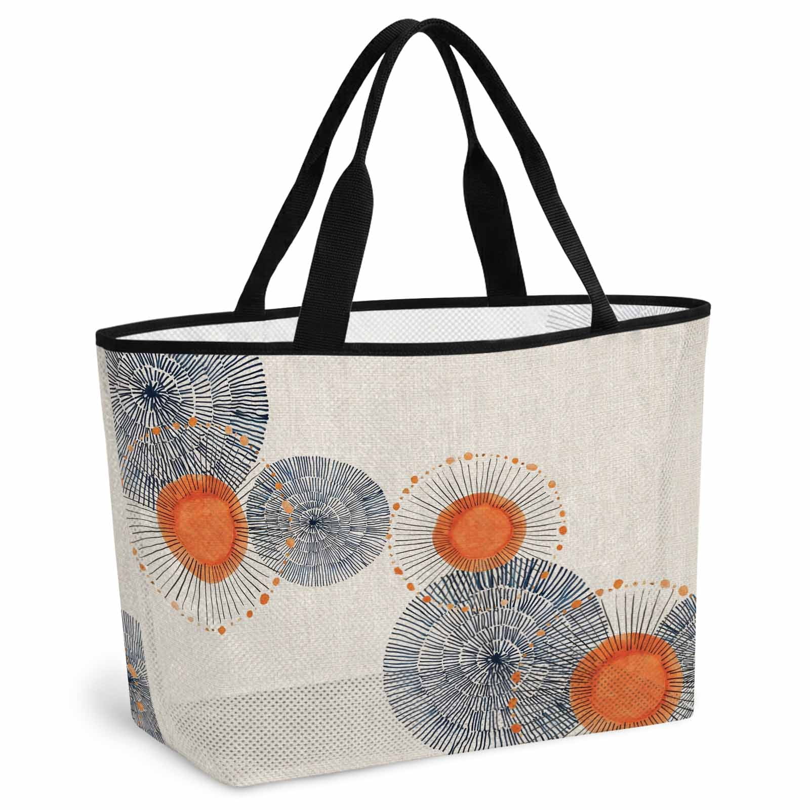 Boho Orange Cream Beach Bag for Women, Large Breathable Mesh Beach Tote ...