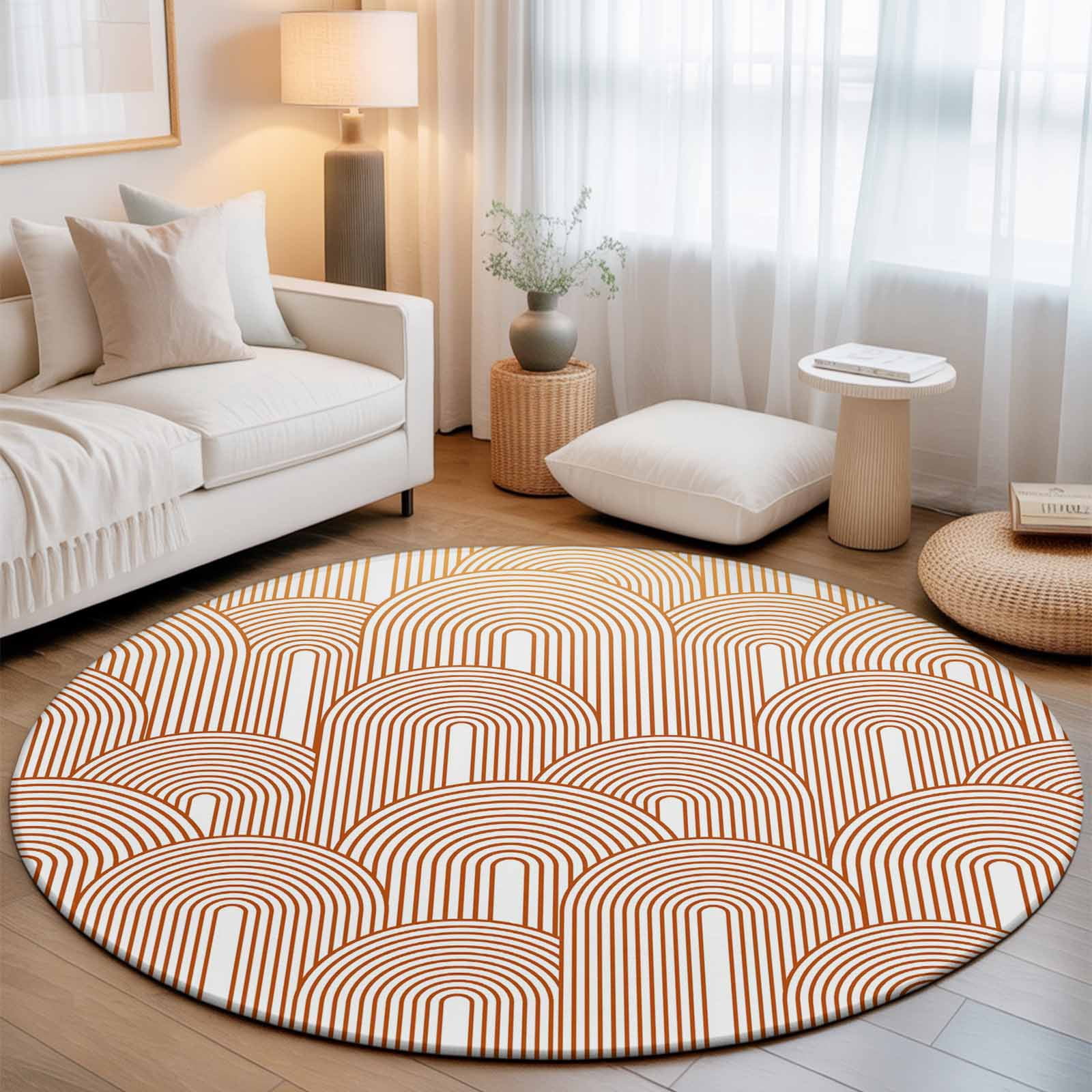 Boho Orange Geometric Stripe Round Rug 5ft Abstract Mid Century Line ...