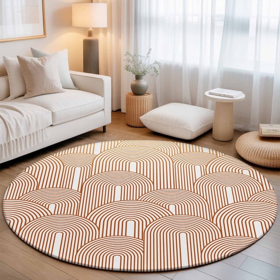 Boho Orange Geometric Stripe Round Rug 5ft Abstract Mid Century Line ...