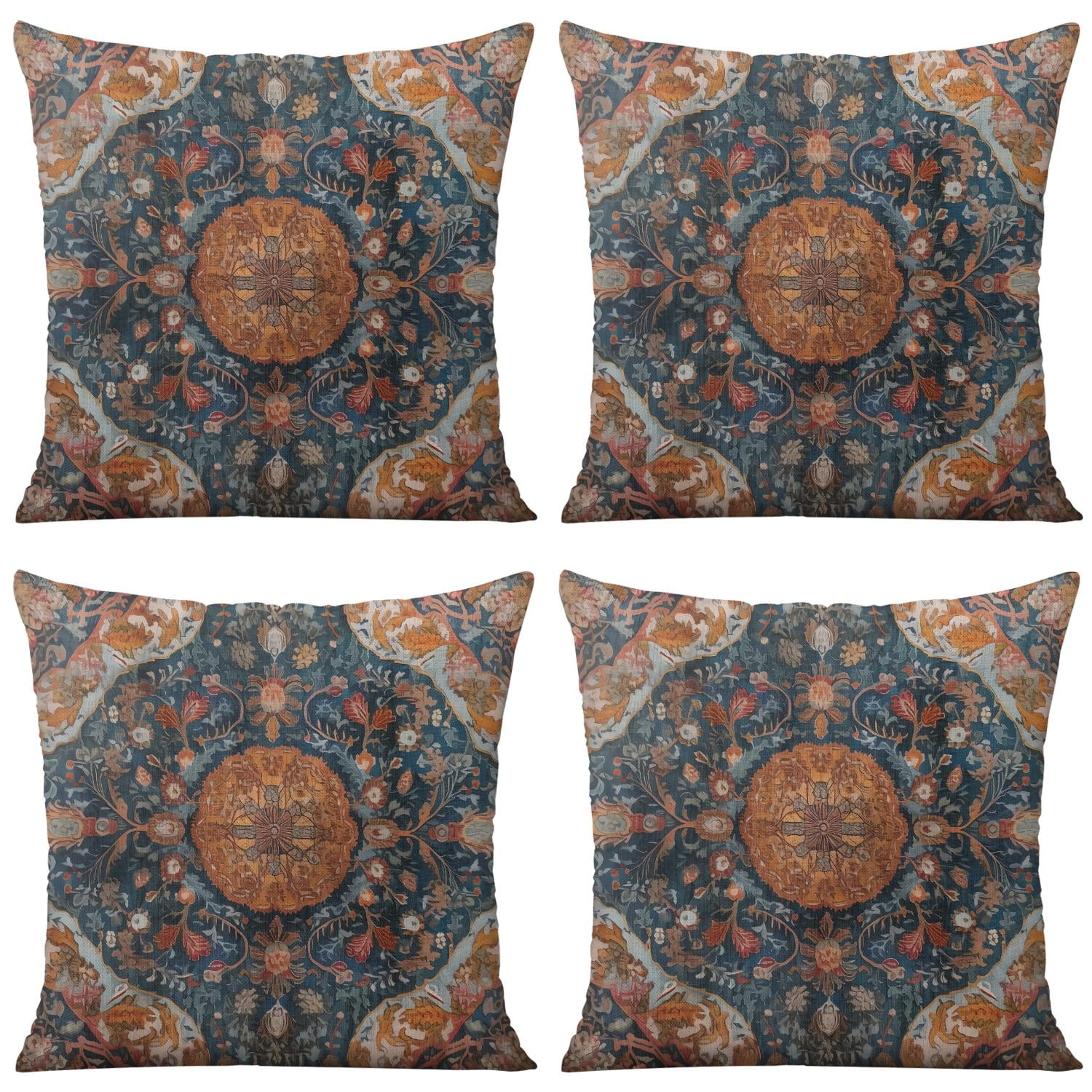 Boho Orange Pattern Linen Ethnic Design Rustic Throw Pillow Covers 18 X ...