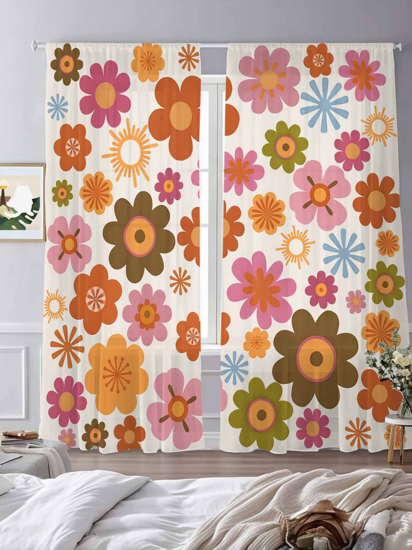 Boho Orange Pink Flower Sheer Curtains 2 Panels Set Abstract Colorful ...