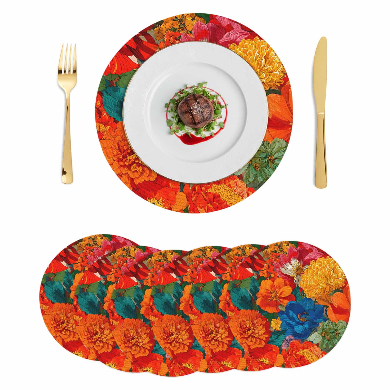 Boho Orange Red Floral Round Placemats Set of 6 Vintage Flowers Bohemia ...