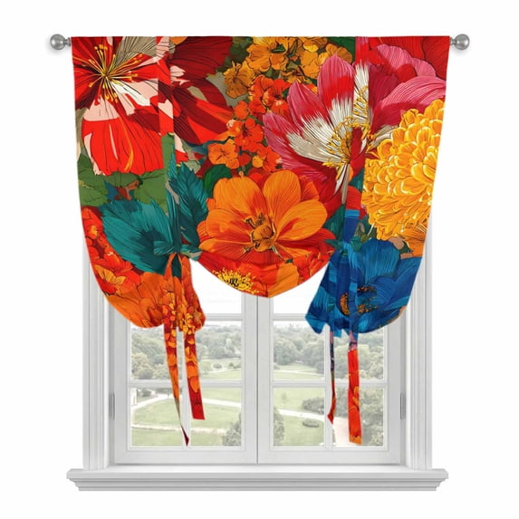 Boho Orange Red Floral Tie Up Curtains for Window, Thermal Insulated ...